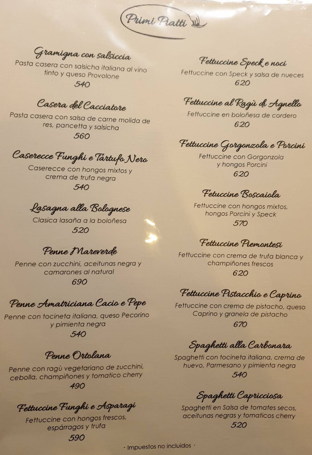 Menu at La Scarpetta restaurant, Santo Domingo