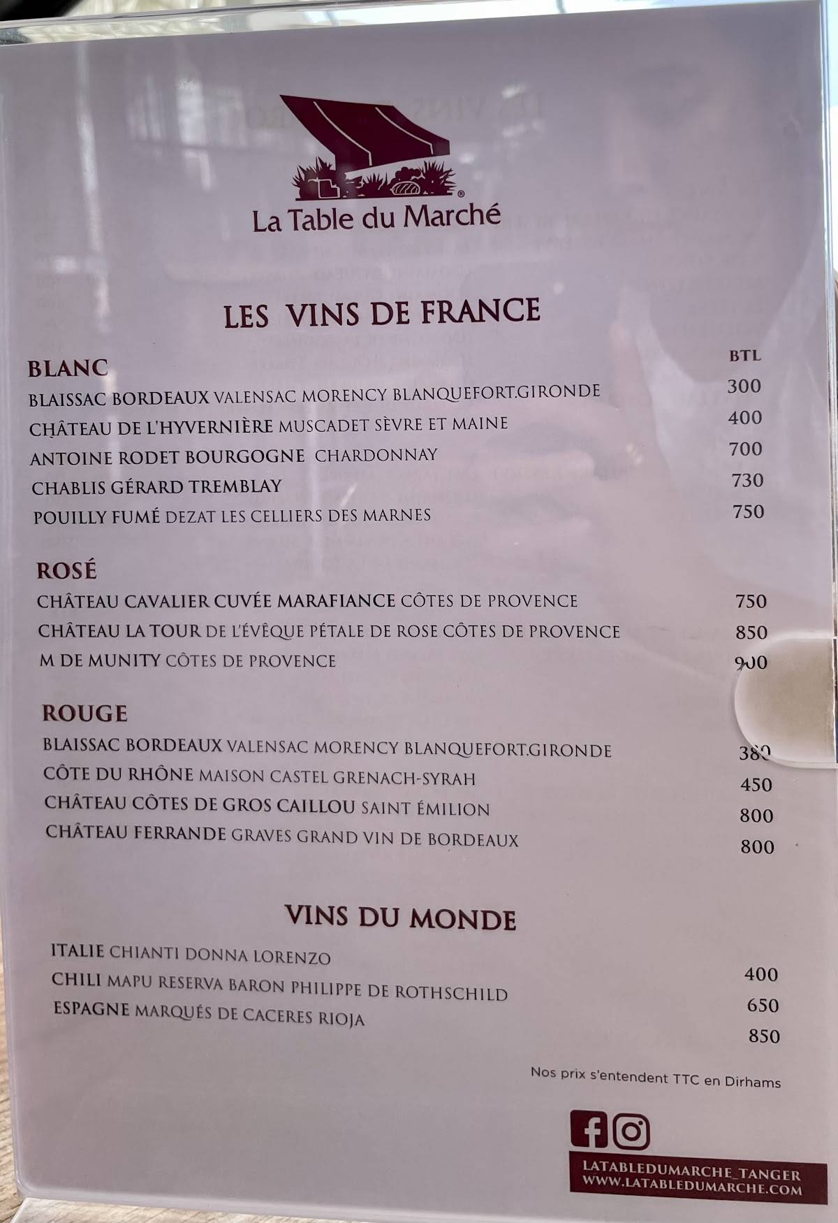 Menu au La Table du Marché restaurant, Tanger, Marina Bay