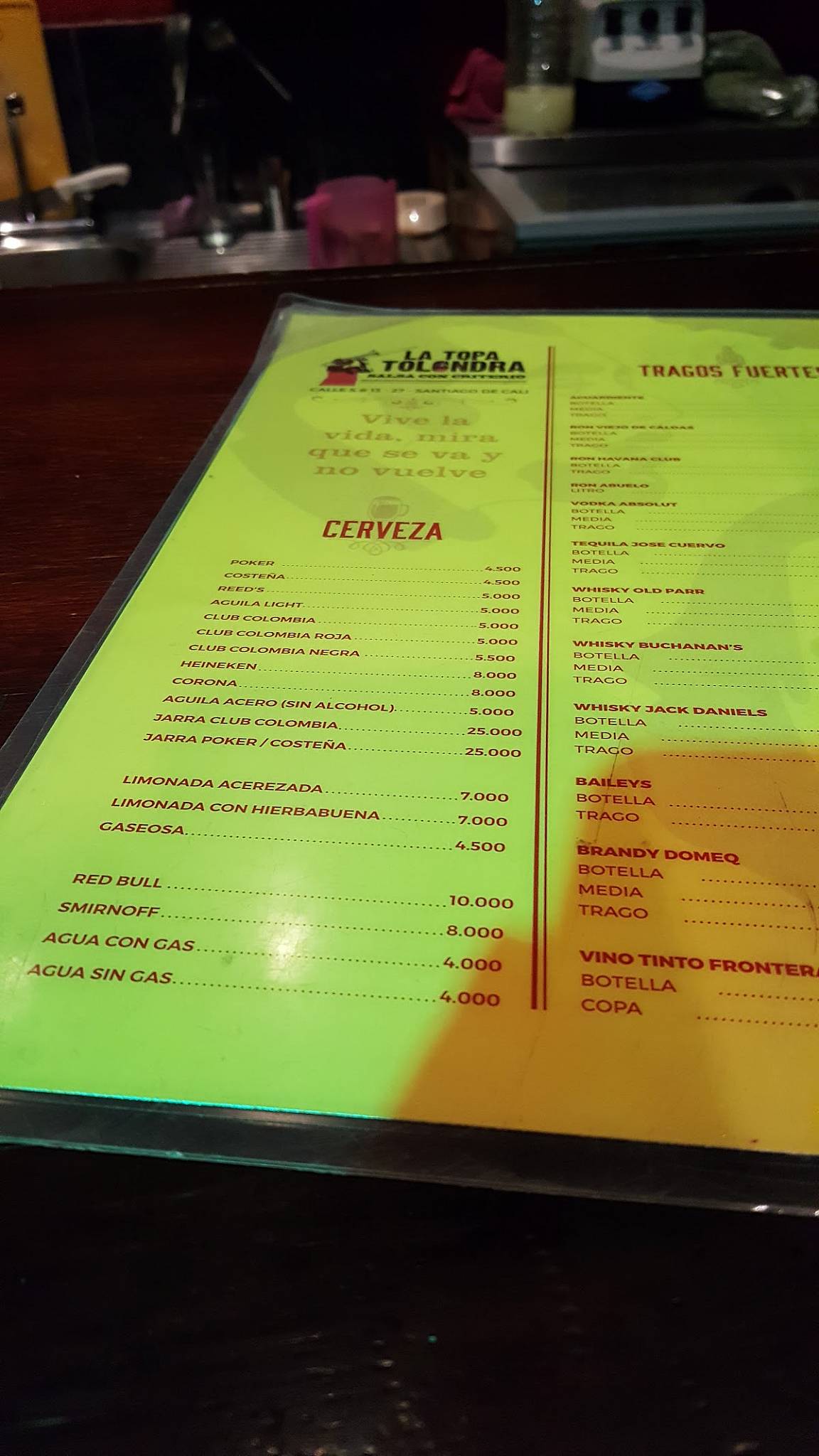 Carta del pub y bar La Topa Tolondra, Cali, Cl. 5 #13-27