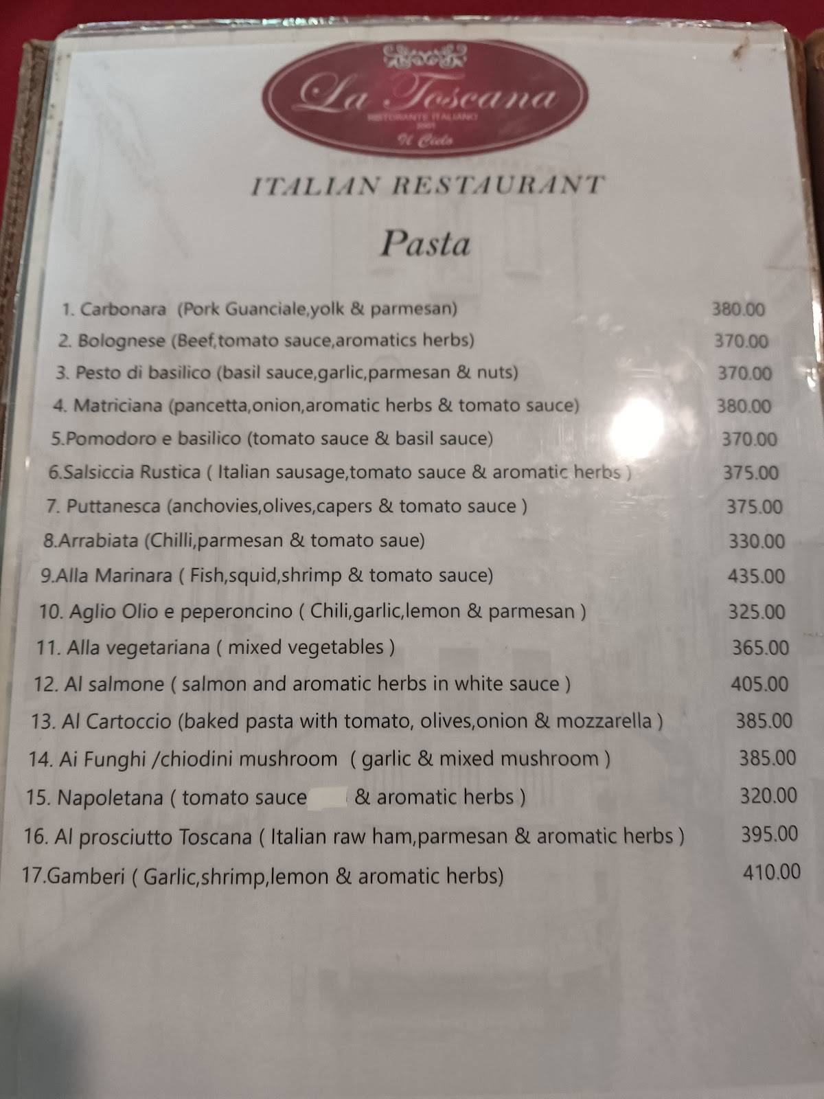 Menu at La Toscana restaurant, Davao City, 1059 Arellano St