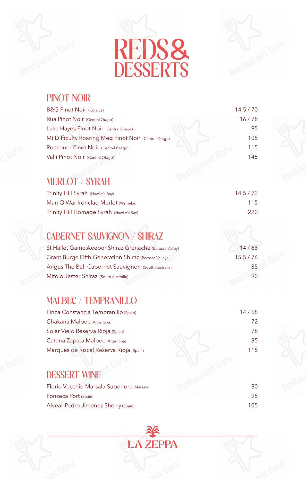 Menu at La Zeppa Kitchen and Bar, Auckland