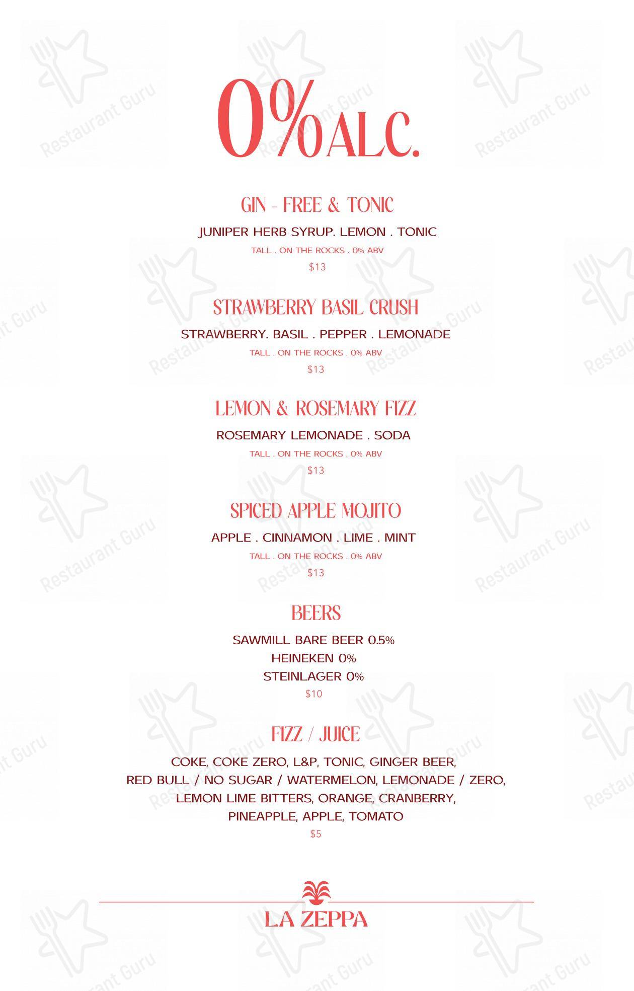 Menu at La Zeppa Kitchen and Bar, Auckland