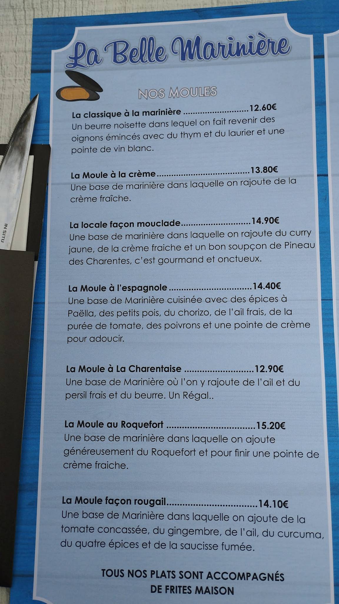 Menu at La belle marinière restaurant, Fouras