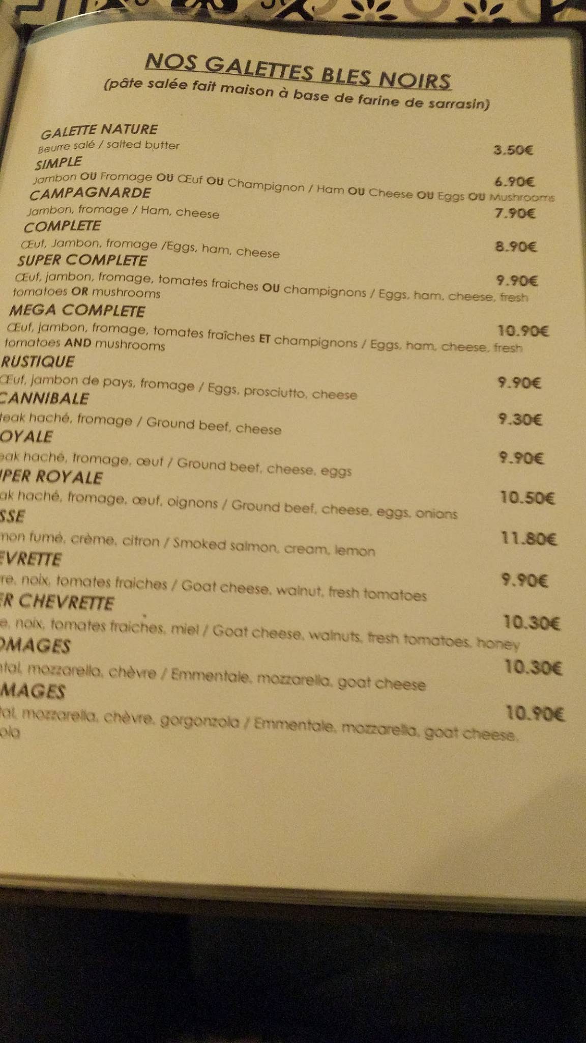 Menu au La galette de marie restaurant, Cannes