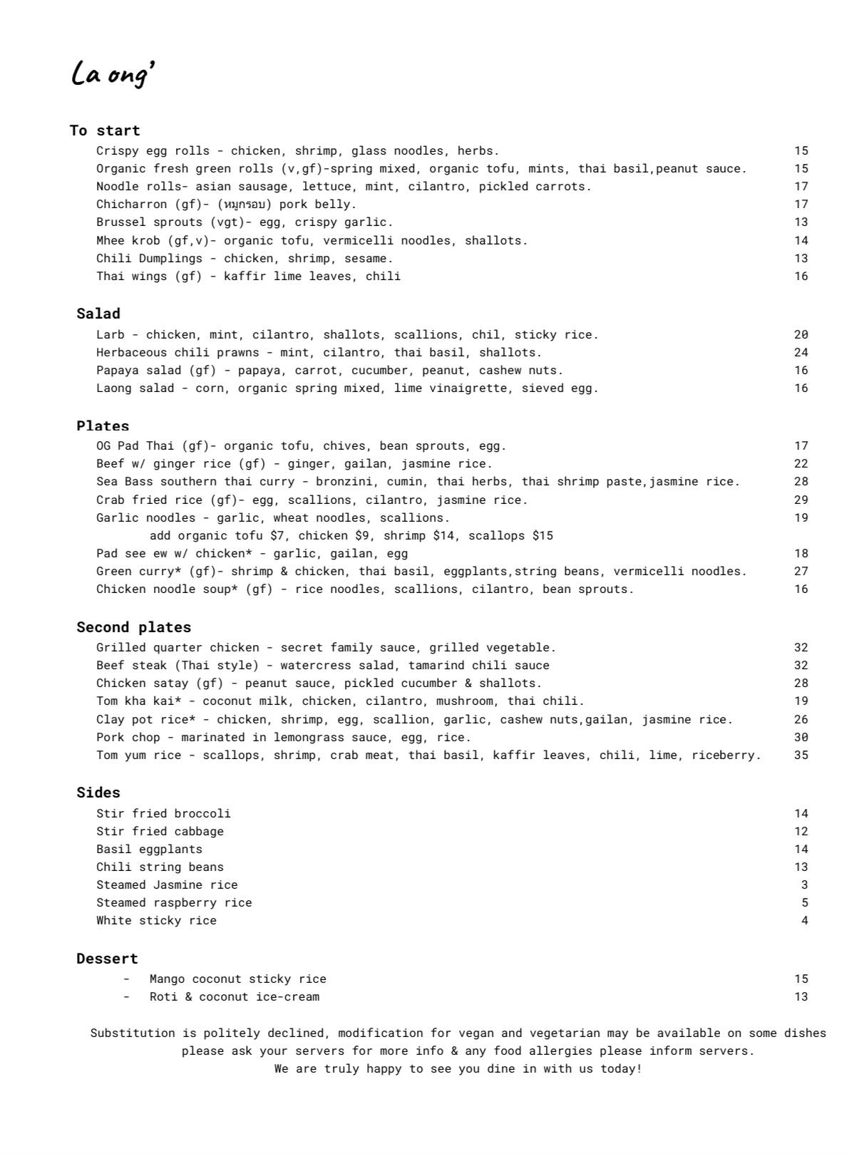 Menu at La ong Beverly Hills restaurant, Beverly Hills