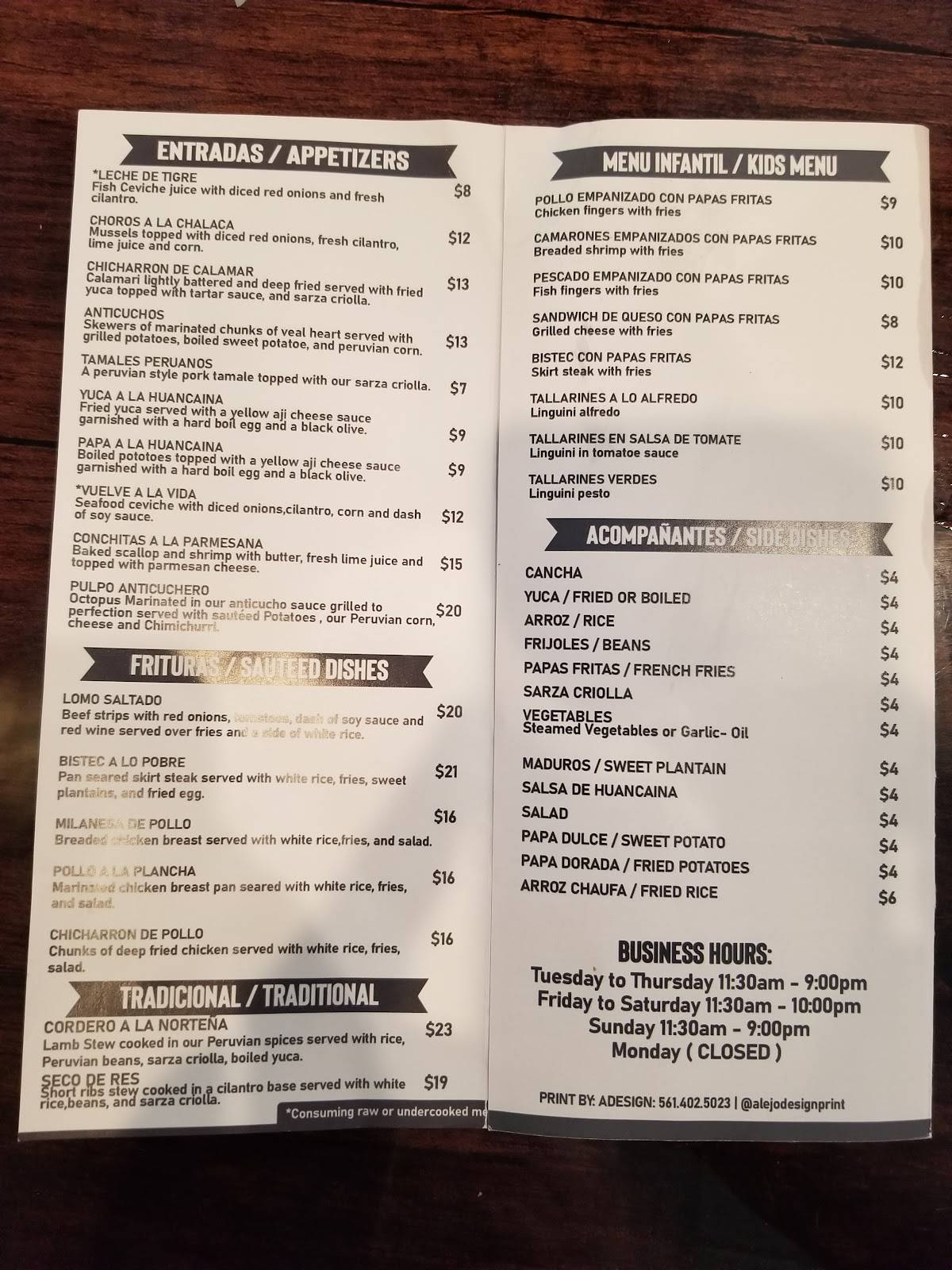 Menu at Victoria's Peruvian Restaurant, Lantana