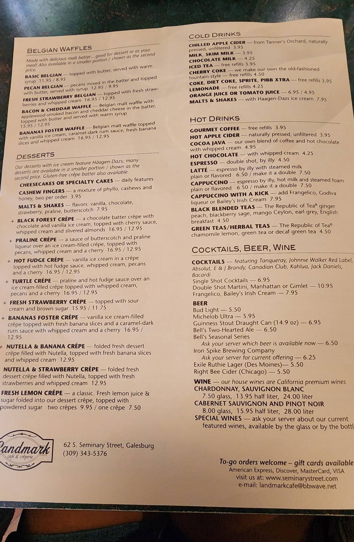 Menu at Landmark Café & Crêperie restaurant, Galesburg