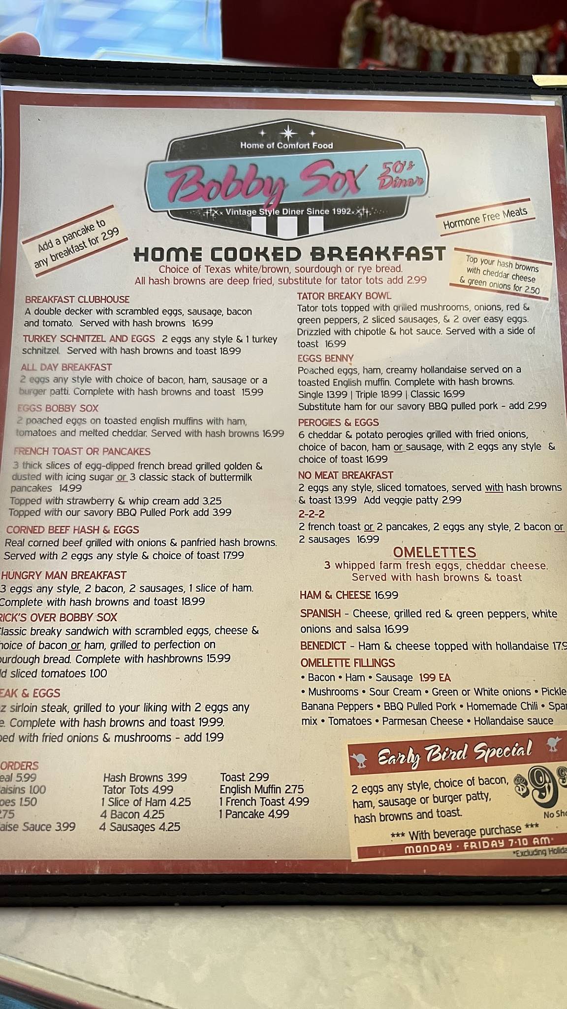 Menu at Bobby Sox 50's Diner restaurant, Maple Ridge