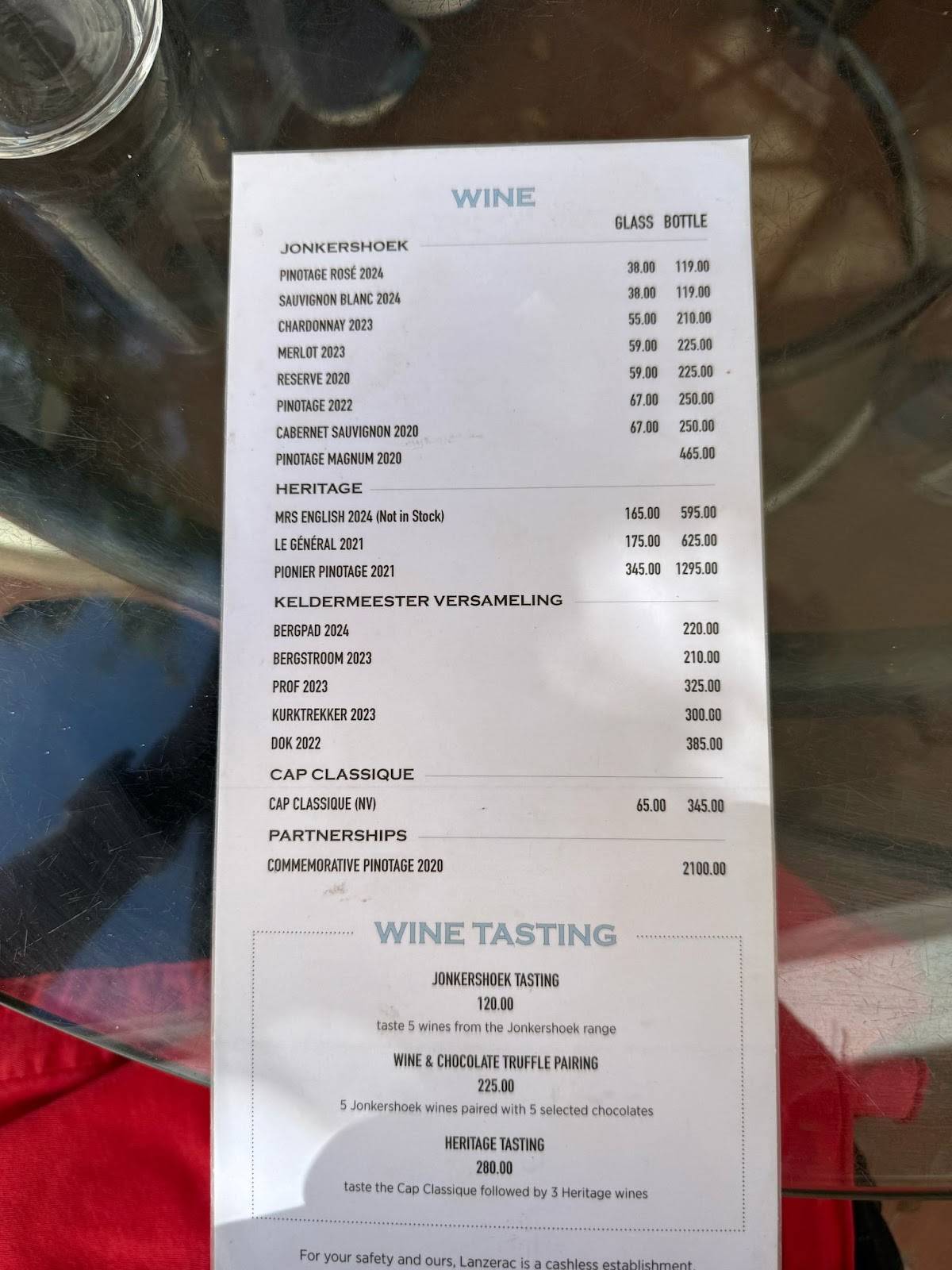 Menu at Lanzerac Deli restaurant, Stellenbosch