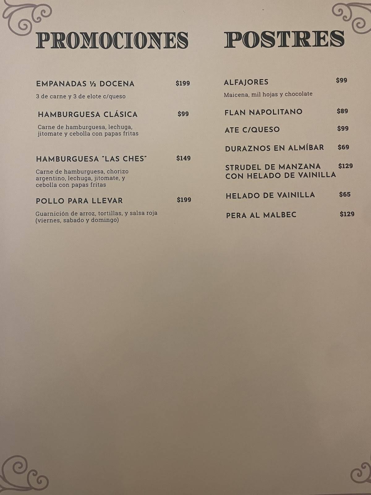 Carta del restaurante Las Ches, Ciudad del México