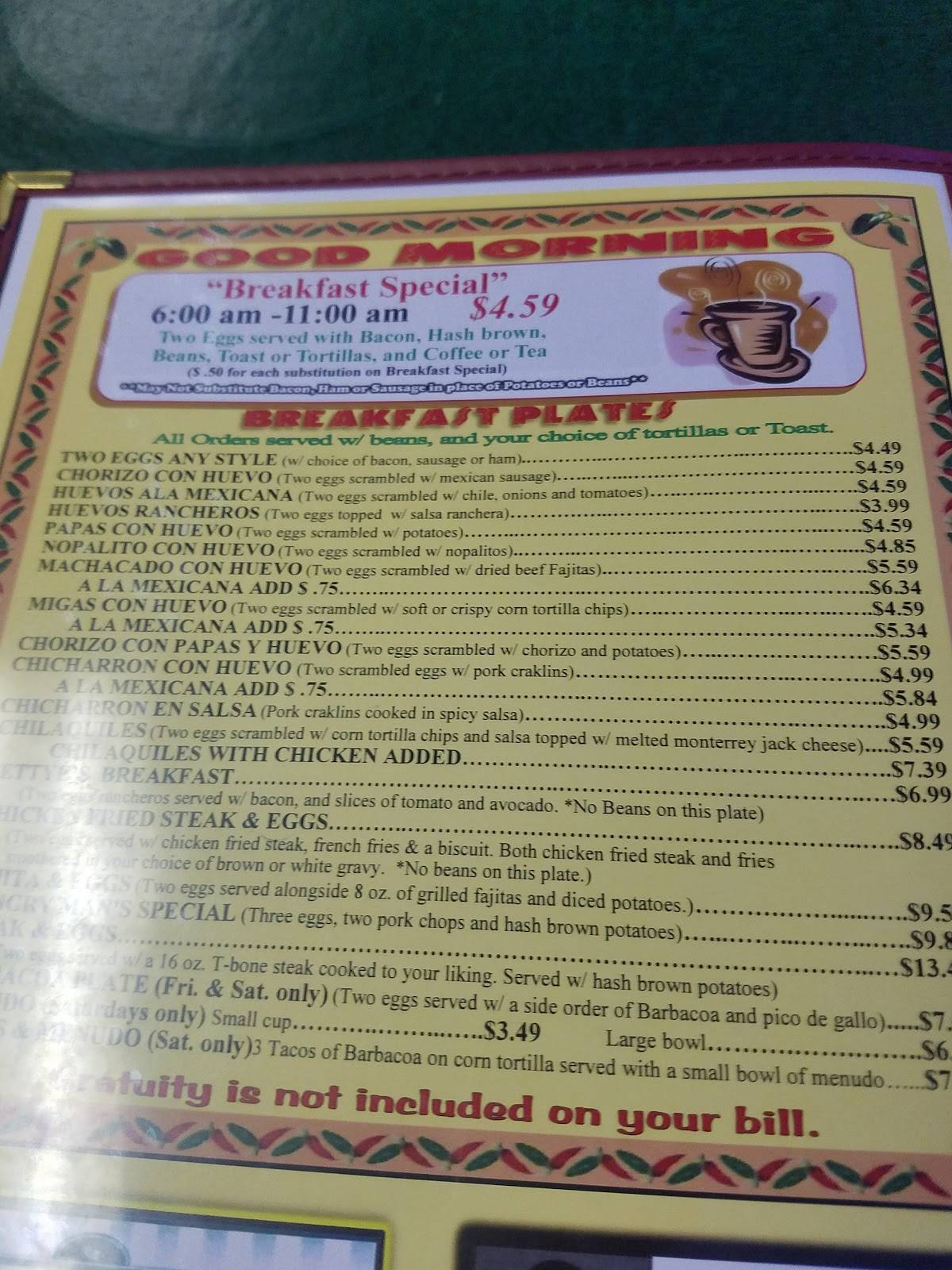 Menu at Las Vegas Cafe, Harlingen