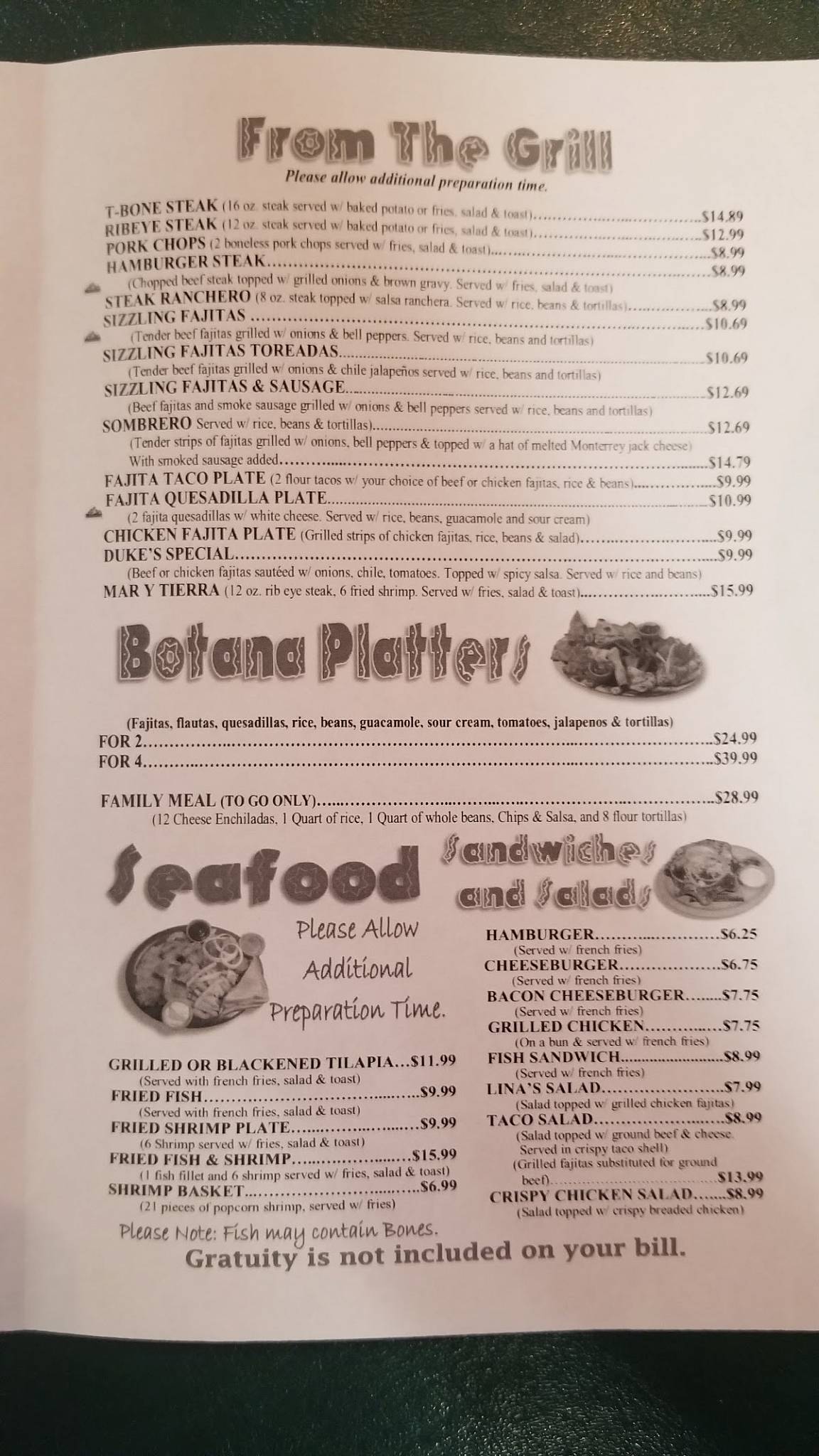 Menu at Las Vegas Cafe, Harlingen