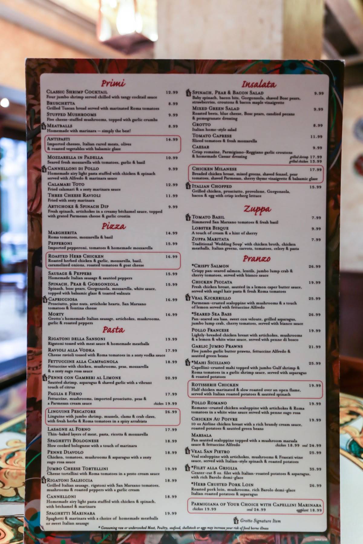 Menu at Grotto Ristorante pizzeria, Las Vegas