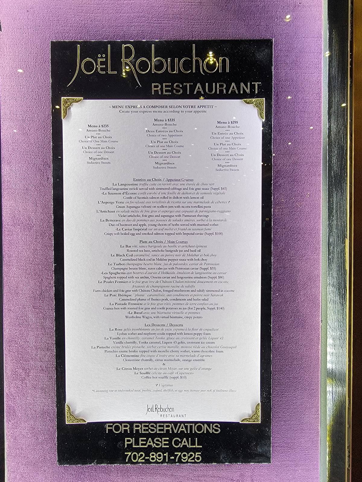 Menu at Joel Robuchon restaurant, Las Vegas