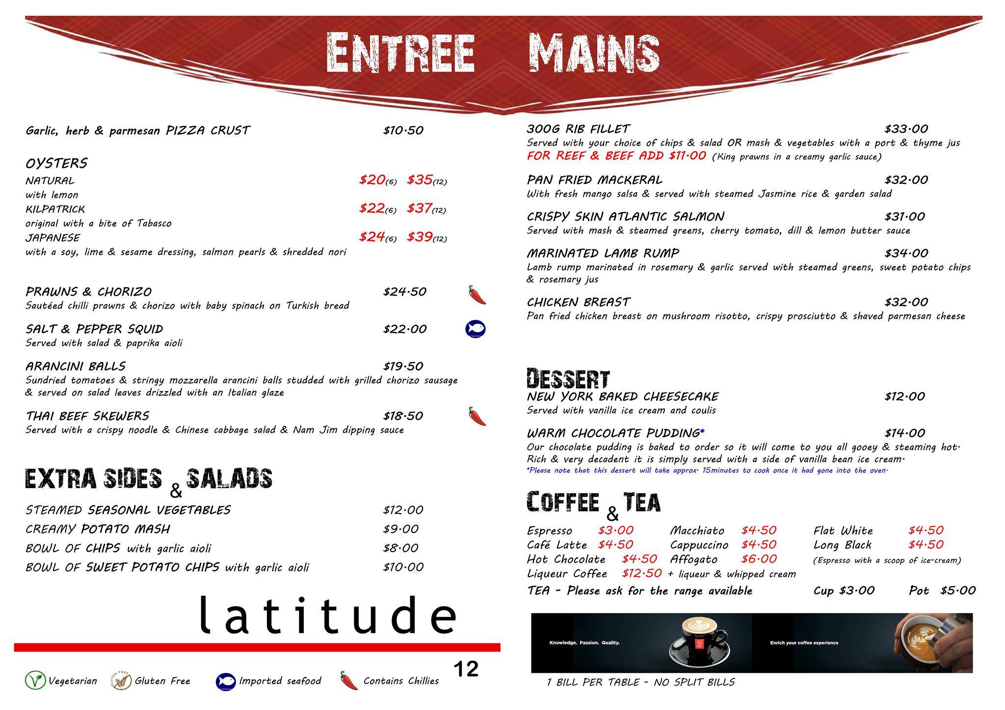 Menu at Latitude 12 restaurant, Nhulunbuy