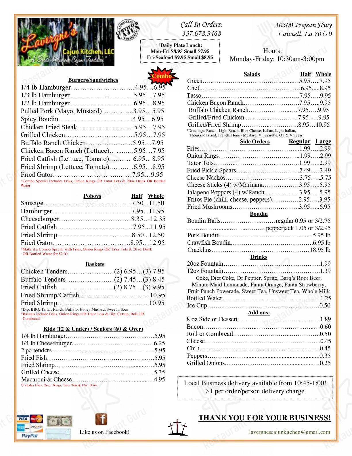 Menu at Lavergne's Cajun Kitchen restaurant, Lawtell