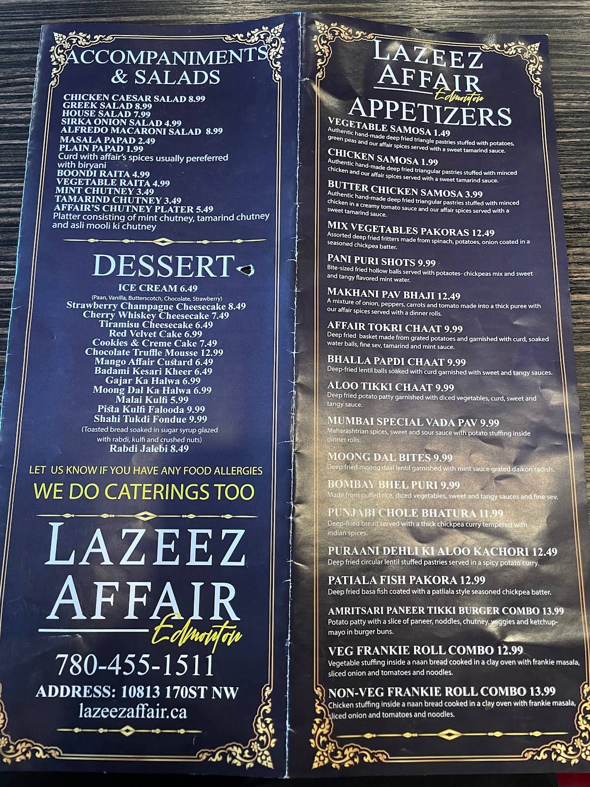 Menu at Lazeez Affair Fine Indian Cuisine & Bar, Edmonton