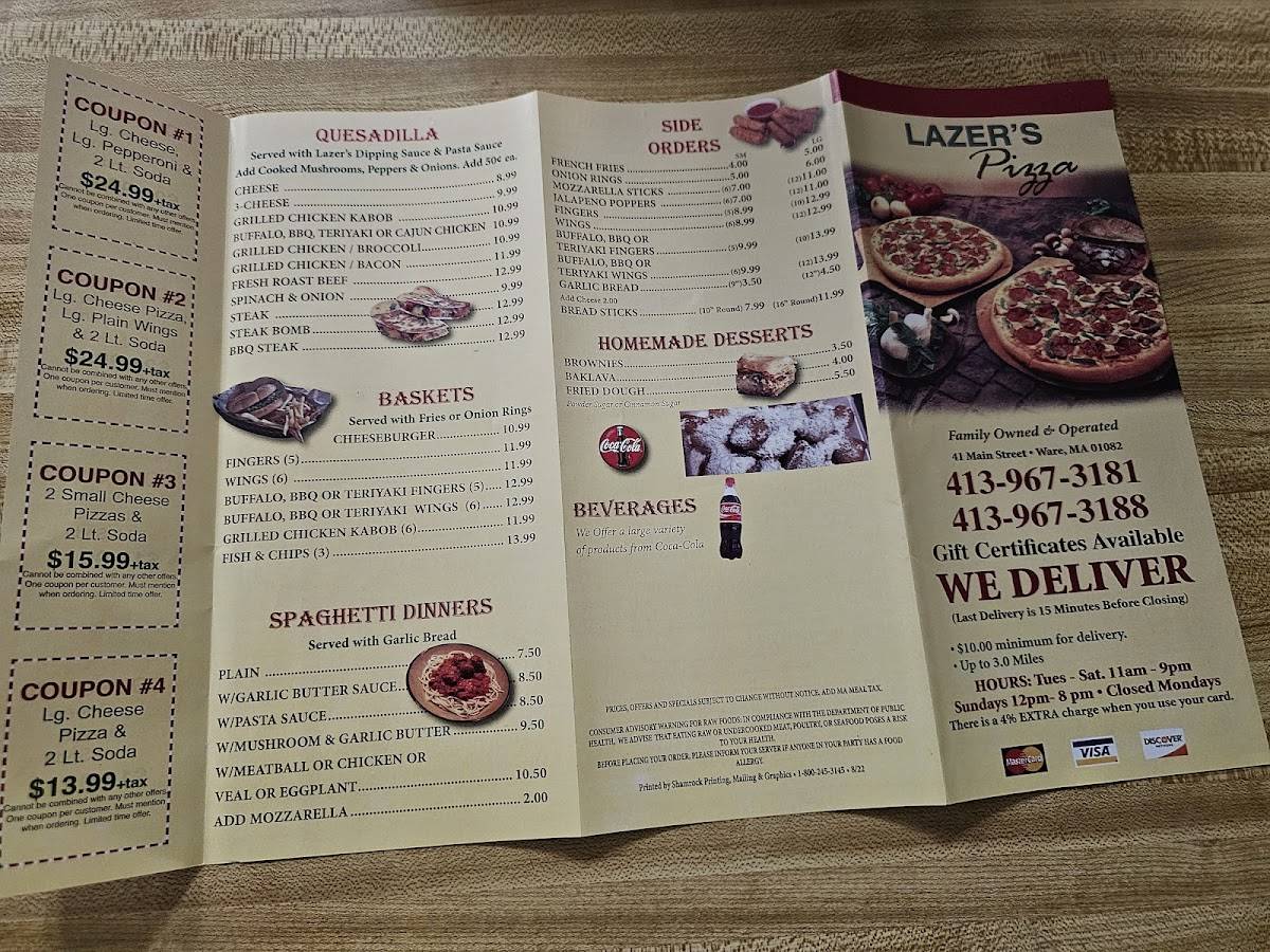 Menu at Lazer's Pizza & Roast Beef pizzeria, Ware