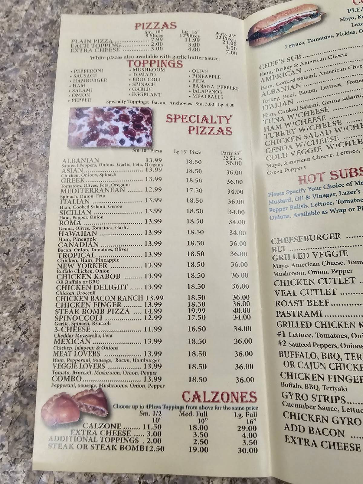 Menu at Lazer's Pizza & Roast Beef pizzeria, Ware