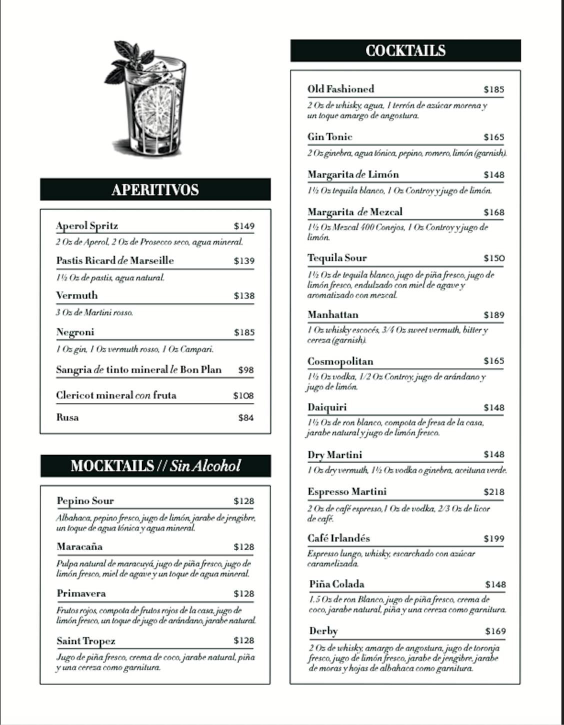 Carta del restaurante Le Bon Plan, Guadalajara