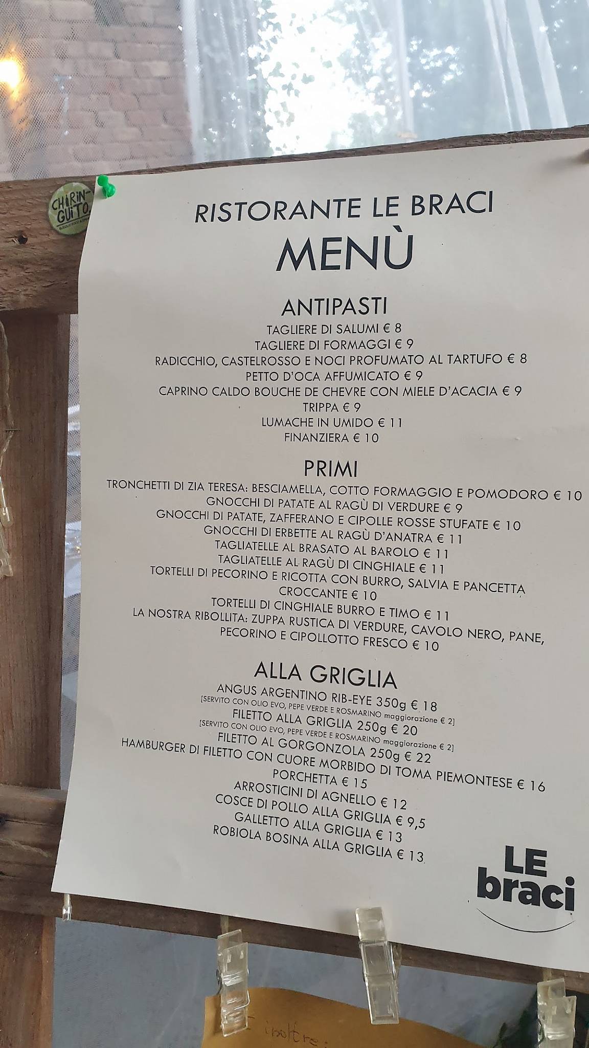 Menu da Le Braci ristorante, Bozzole, Via Carlo Noè 34