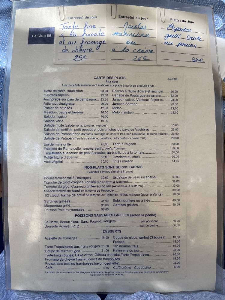 Menu at Le Club 55, Ramatuelle
