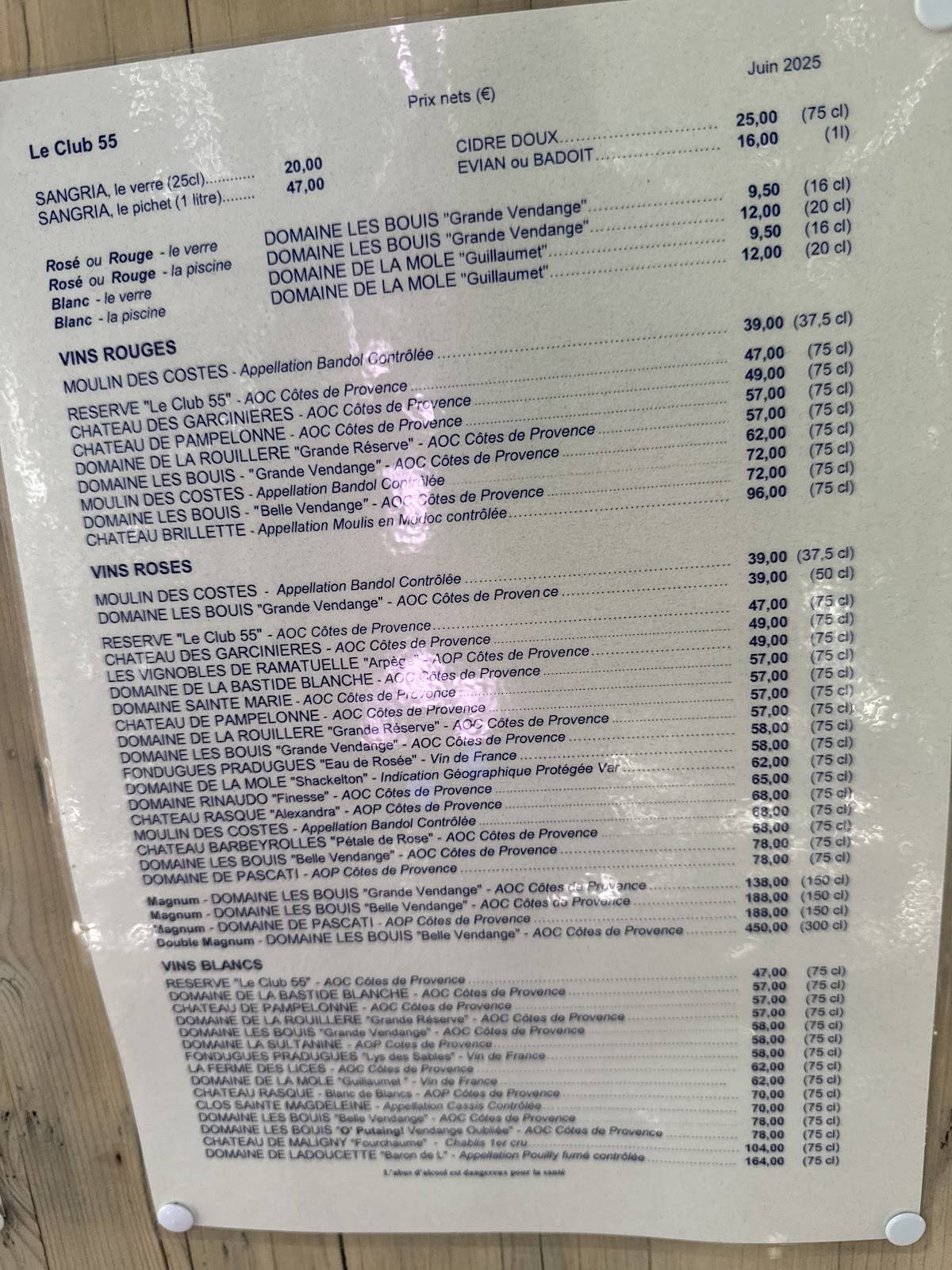 Menu at Le Club 55, Ramatuelle