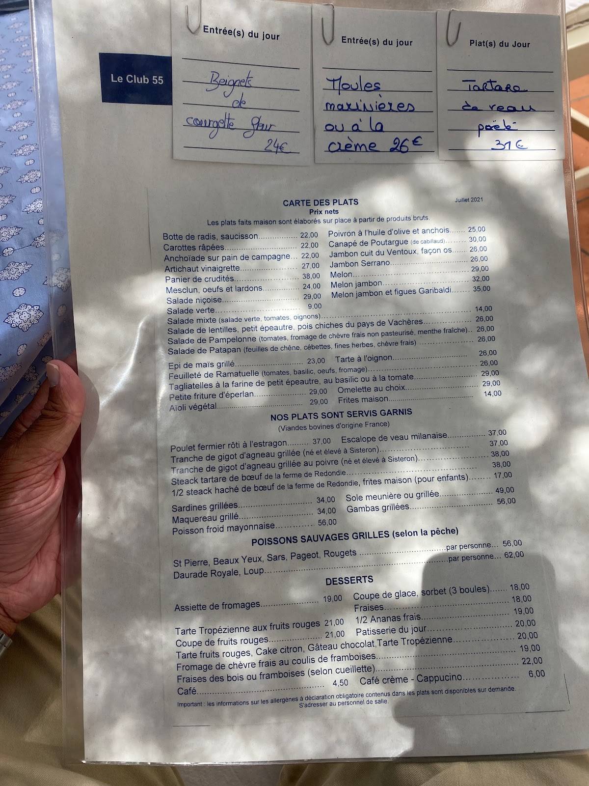 Menu at Le Club 55, Ramatuelle