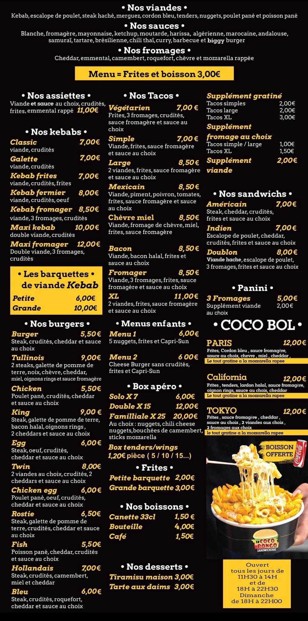 Menu at Le Coco Bongo restaurant, Tullins