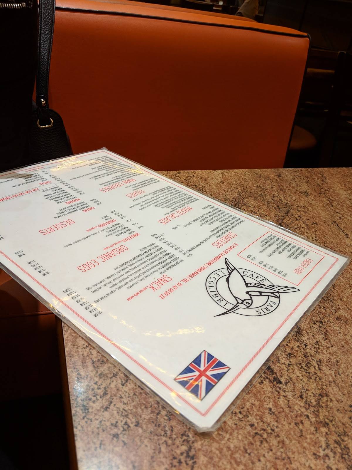 Menu at Le Colibri restaurant, Paris, 8 Pl. de la Madeleine