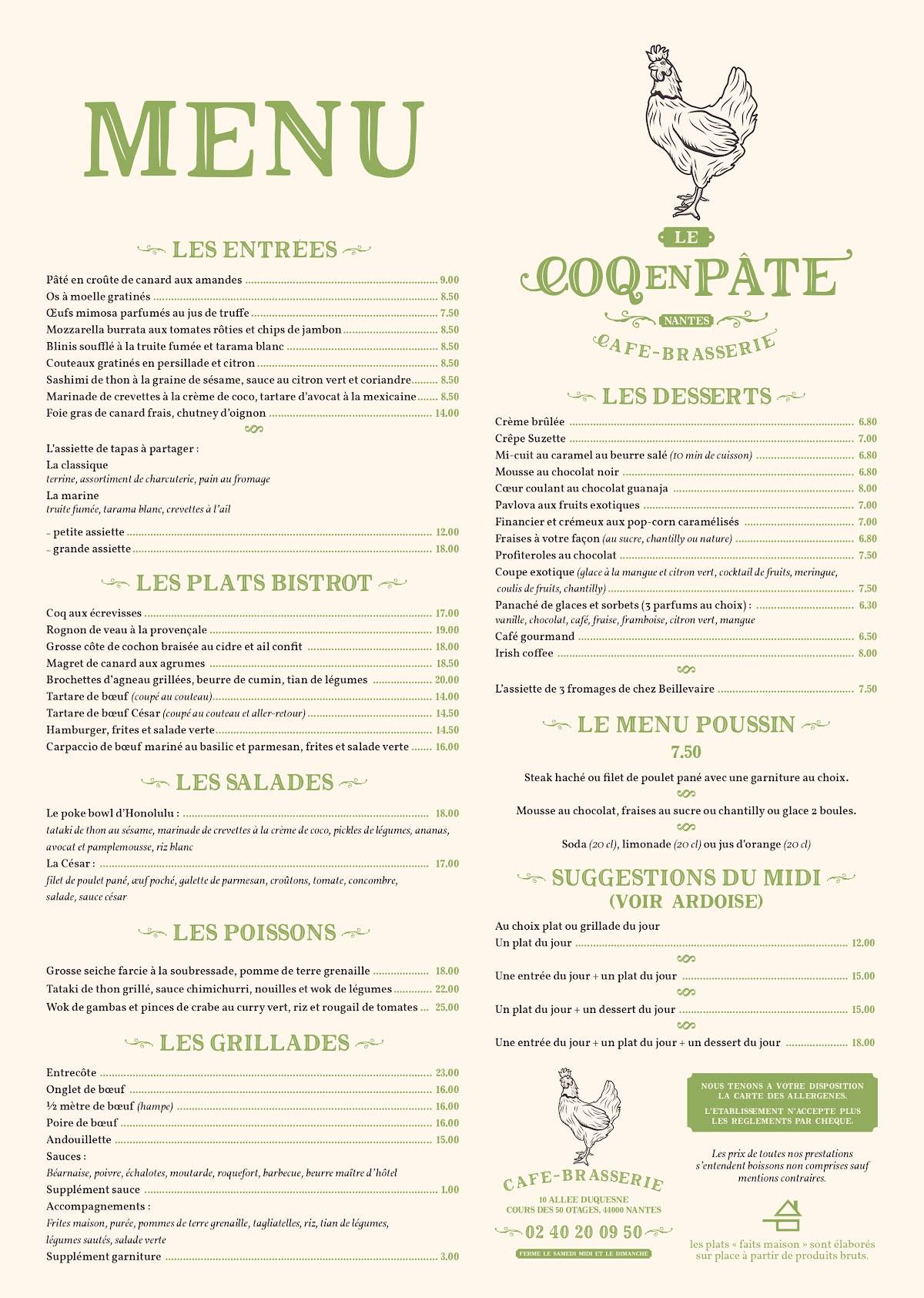 Menu au Le Coq en Pâte restaurant, Nantes