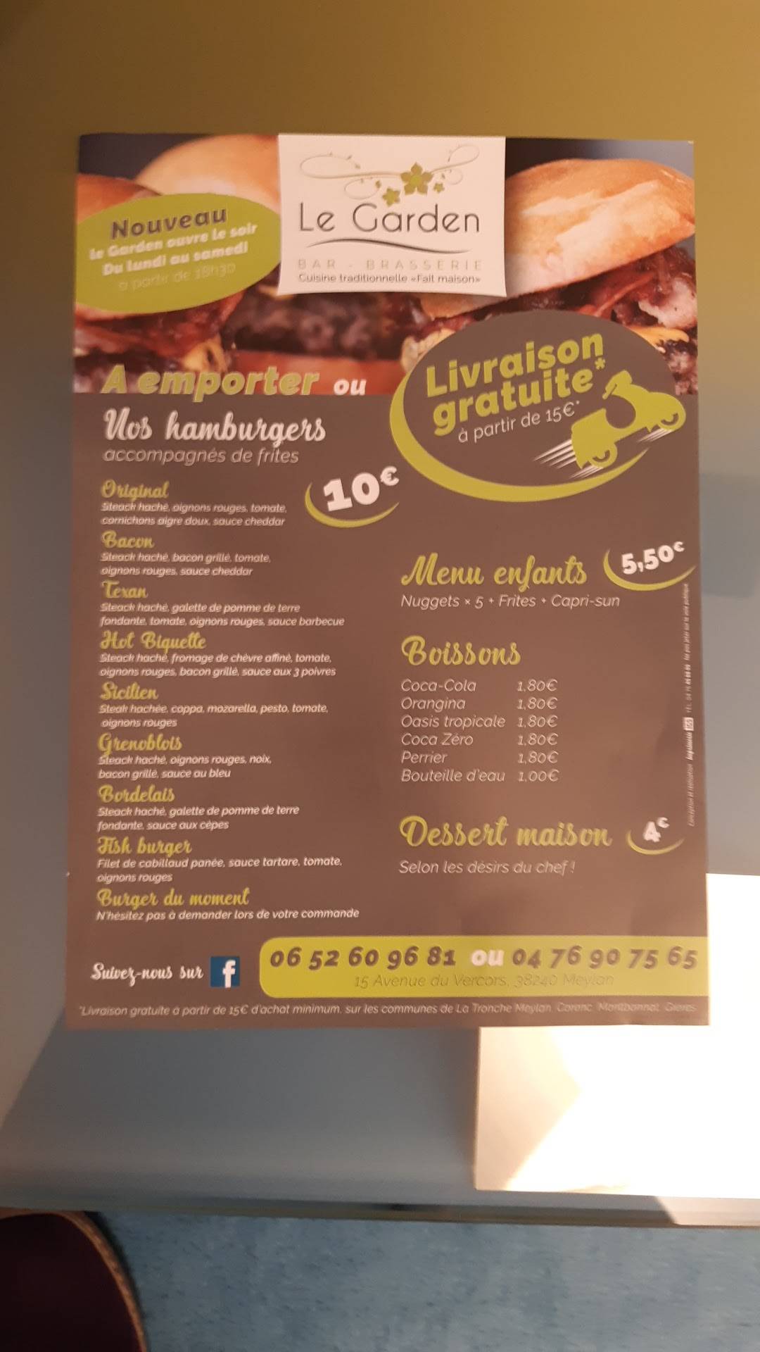 Menu au Le Garden restaurant, Meylan