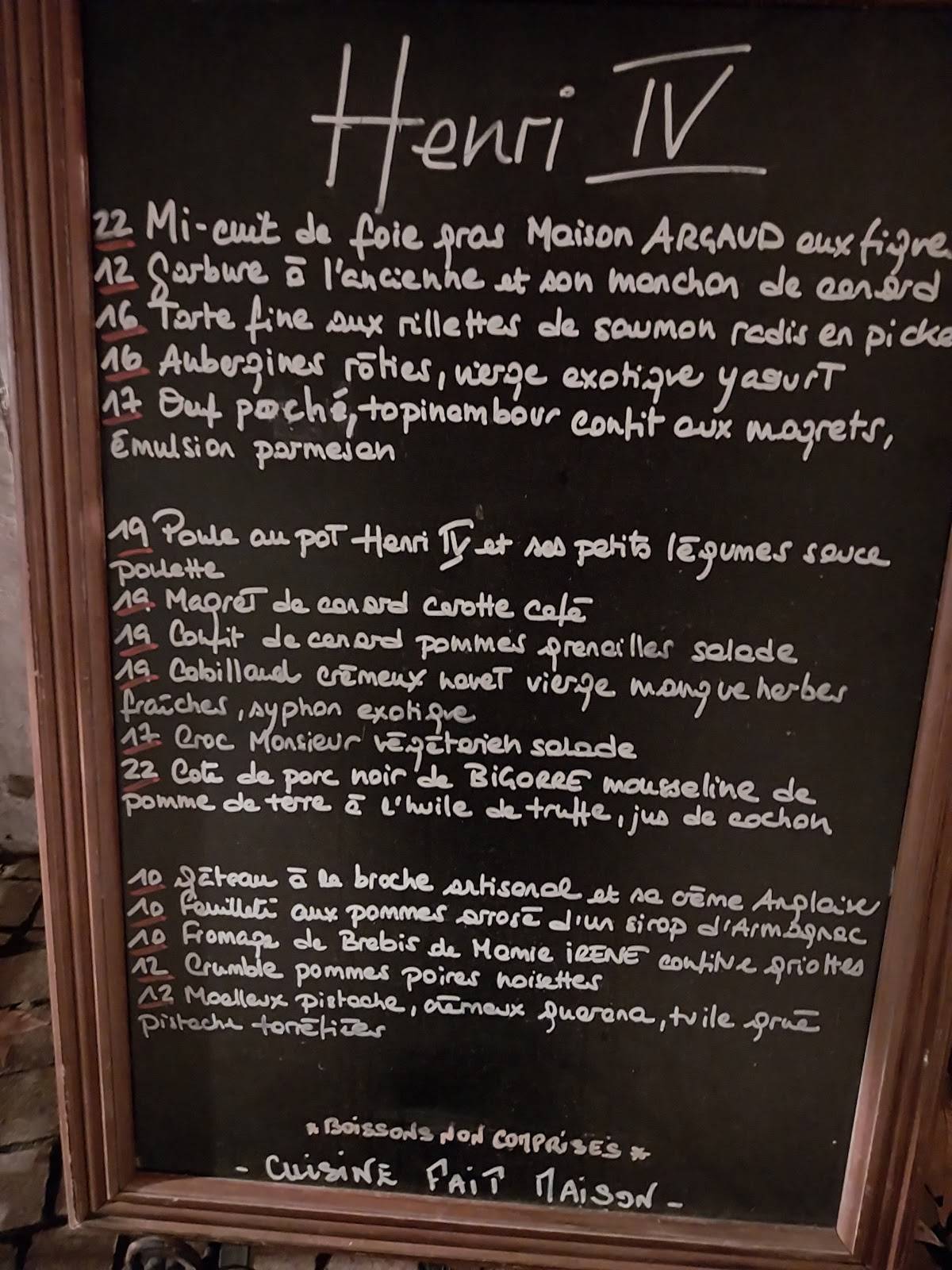 Menu au Le Henri IV restaurant, Pau