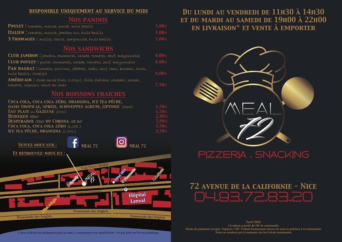 Menu at Le Meal 72 restaurant, Nice, 72 Av. de la Californie