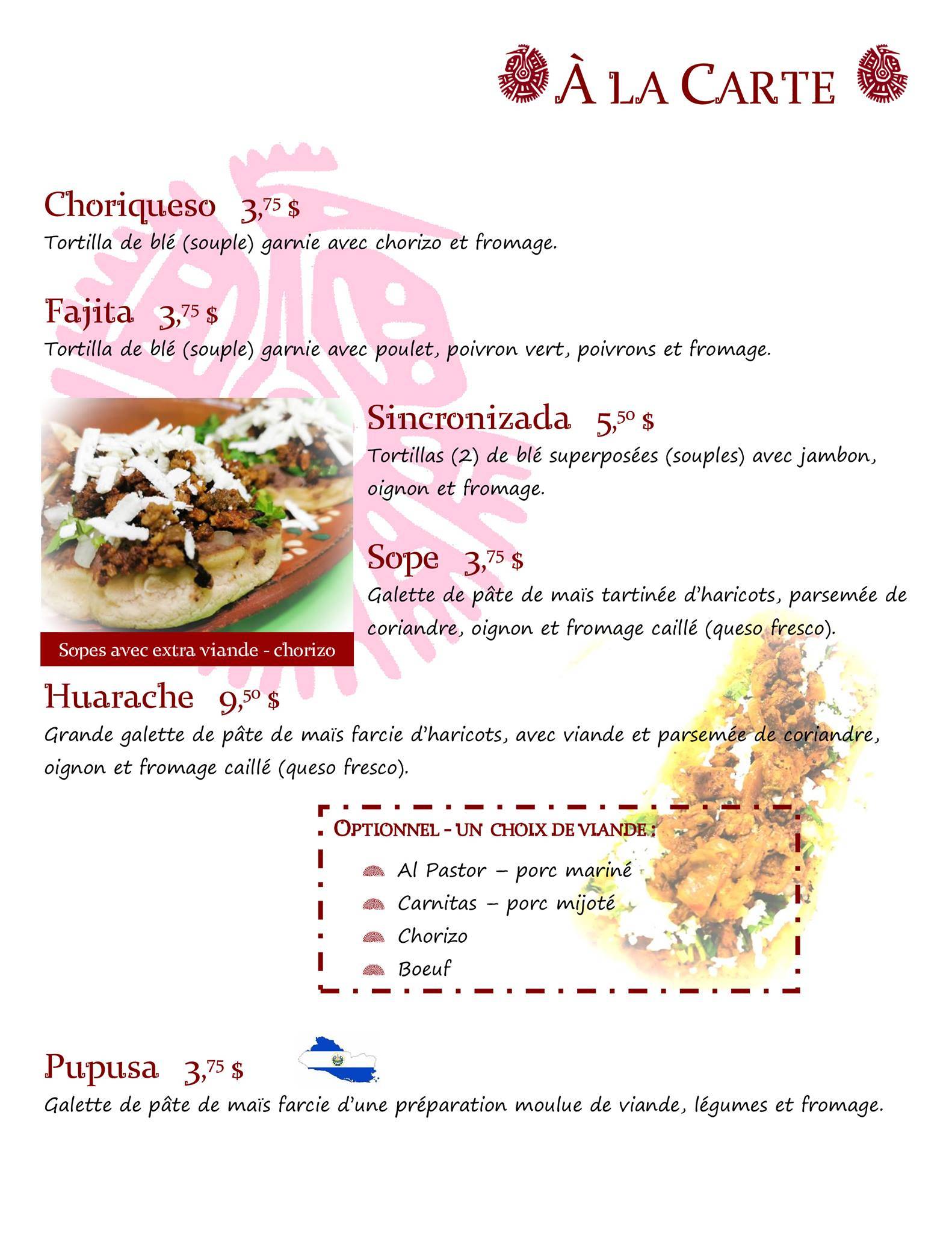 Menu au Le Mexicain restaurant, Québec