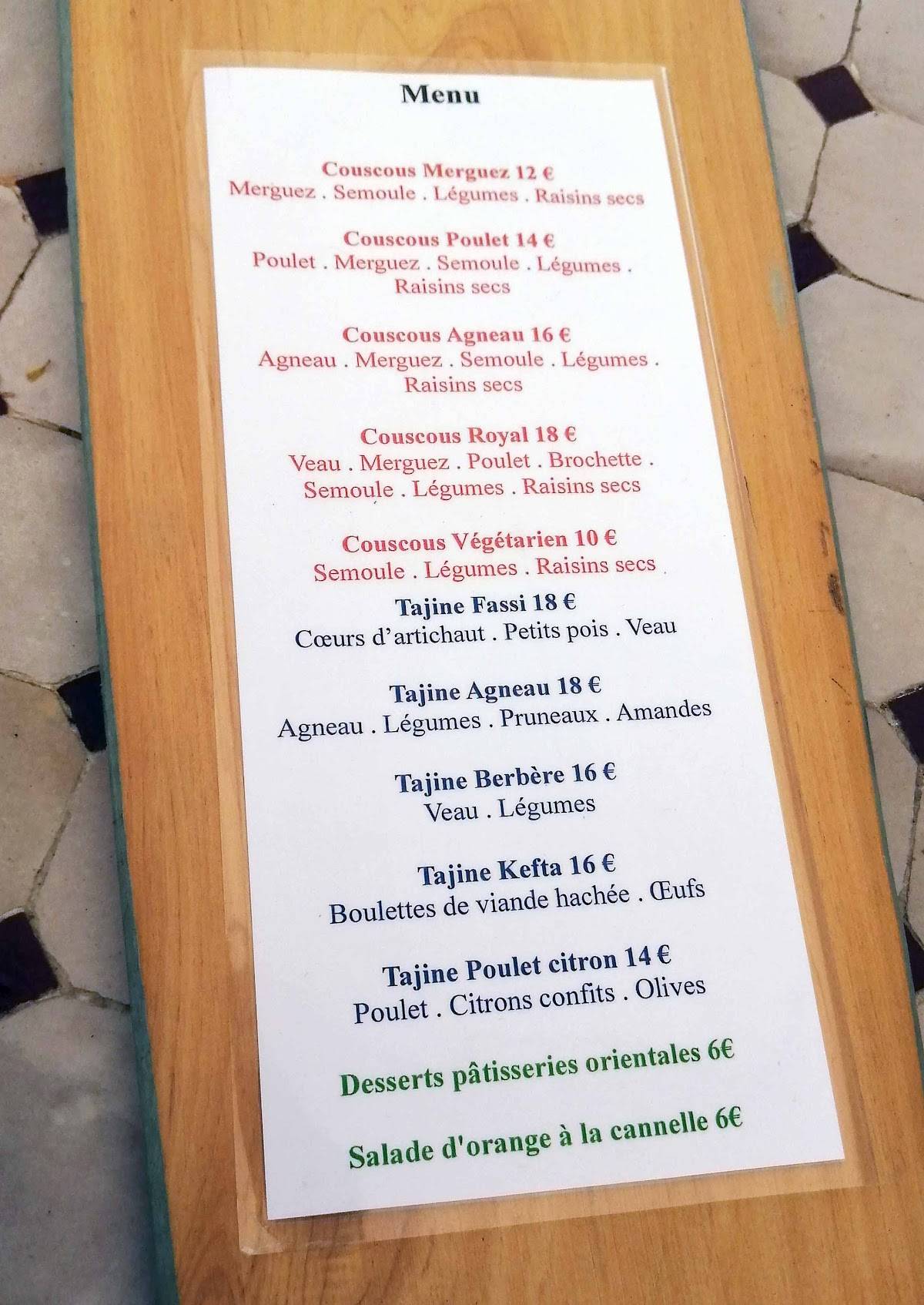 Menu au Le Mirage restaurant, Cajarc