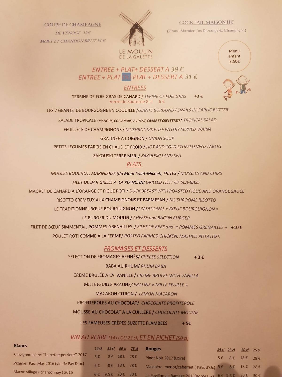 Menu au Le Moulin de la Galette restaurant, Paris
