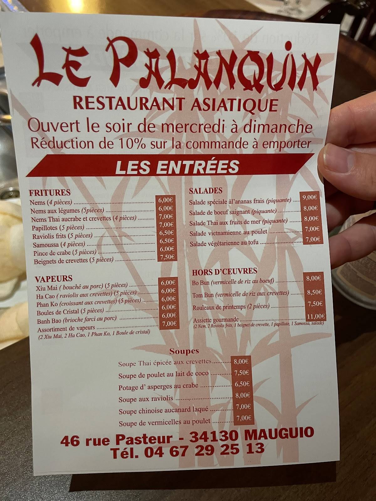 Menu au Le Palanquin restaurant, Mauguio