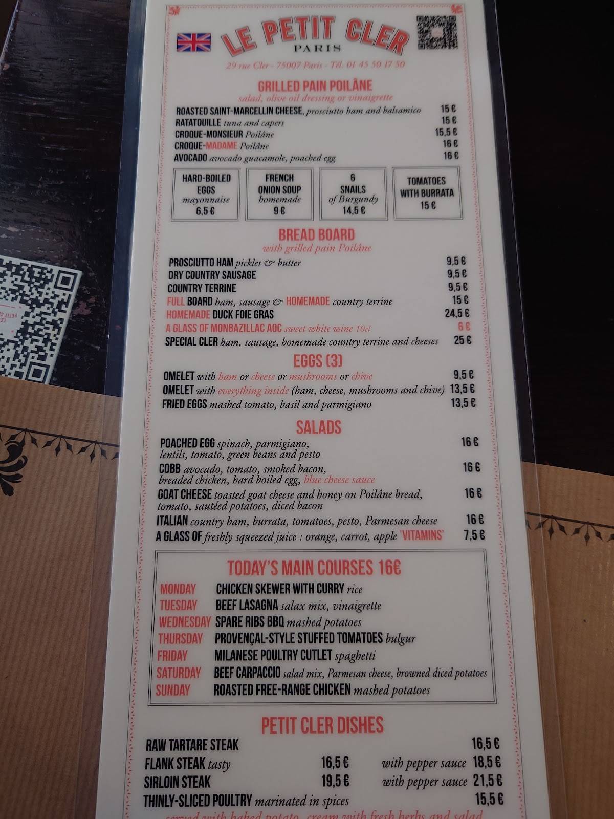 Menu at Le Petit Cler restaurant, Paris, 29 Rue Cler