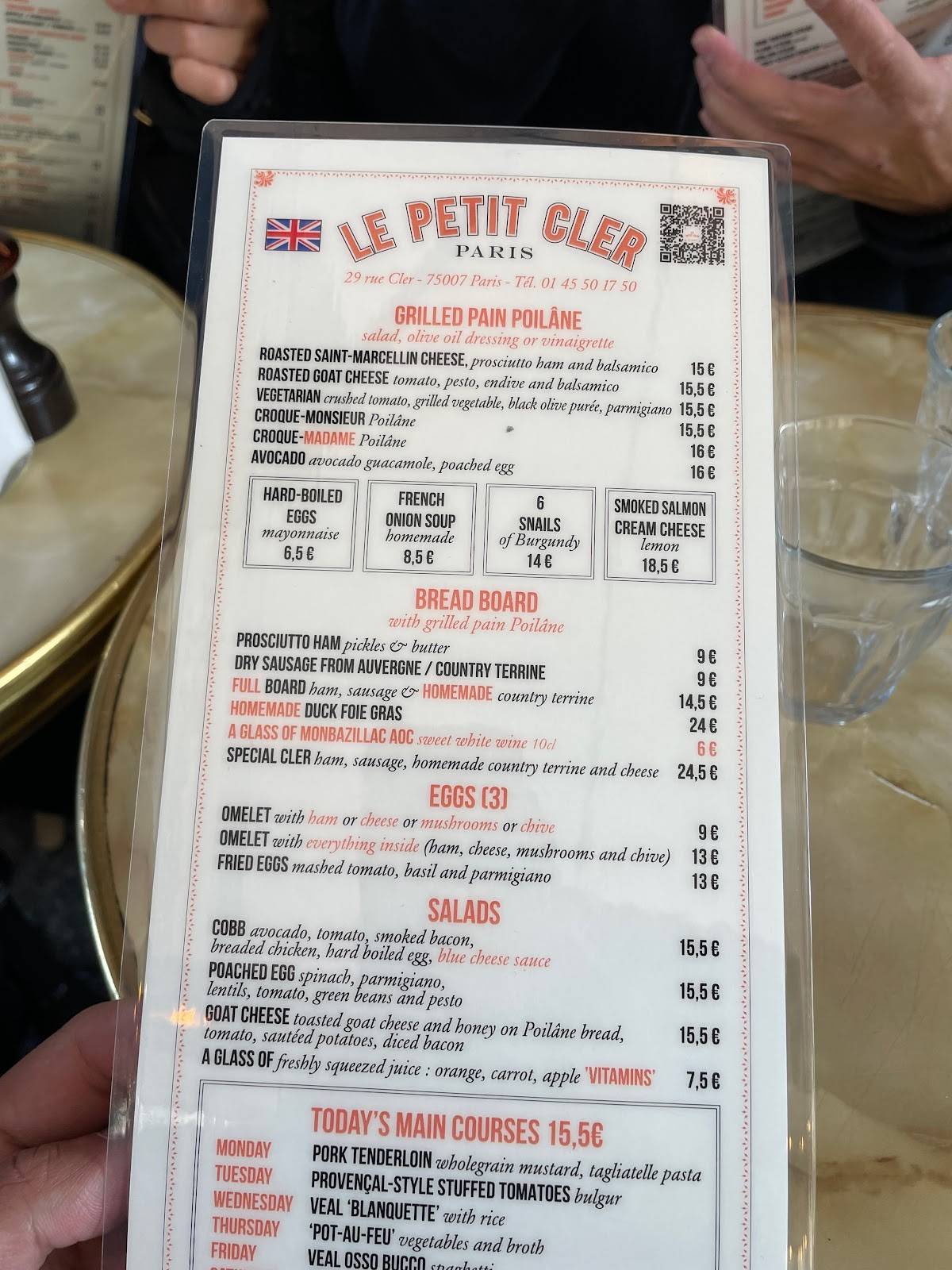 Menu at Le Petit Cler restaurant, Paris, 29 Rue Cler