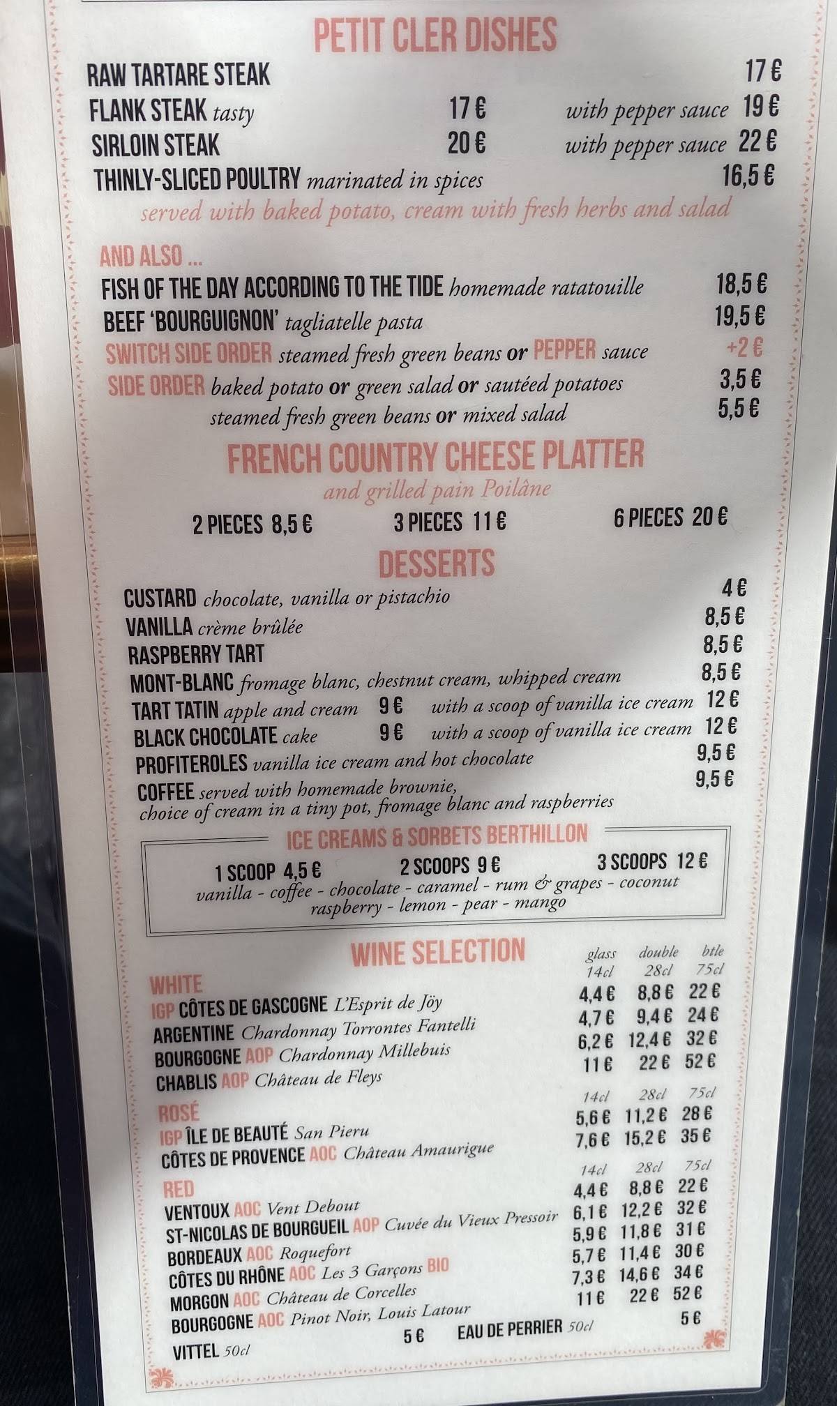 Menu at Le Petit Cler restaurant, Paris, 29 Rue Cler