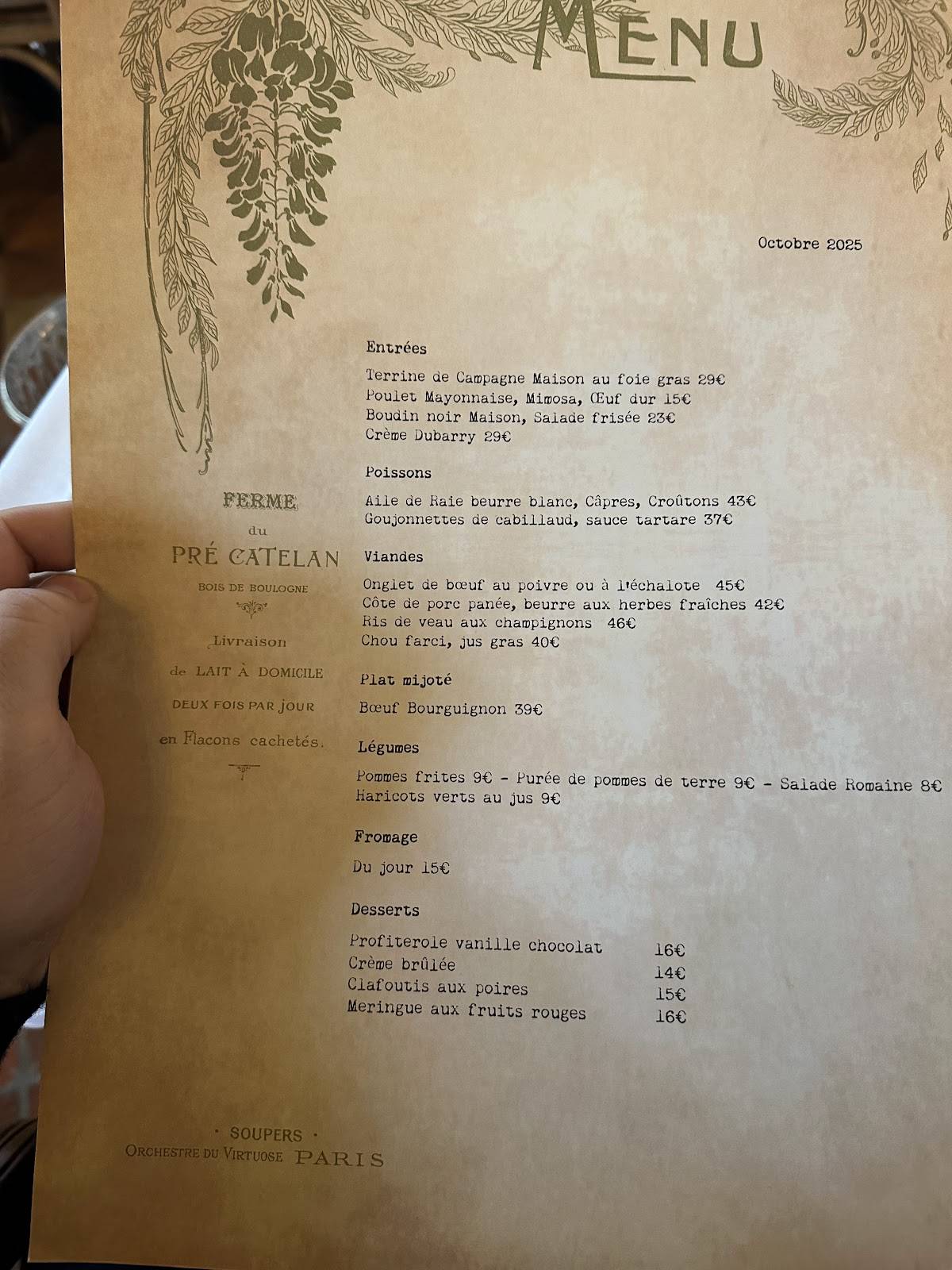 Carta del restaurante Le Pré Catelan, Paris, Bois del Boulogne