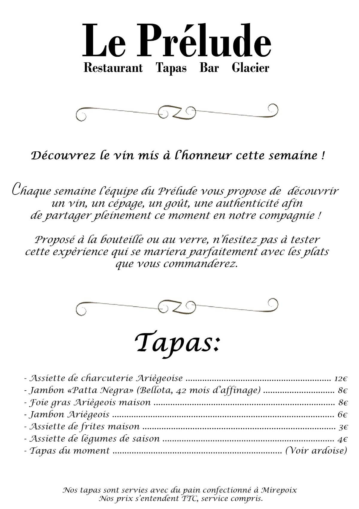 Menu au Le Prélude pub et bar, Mirepoix