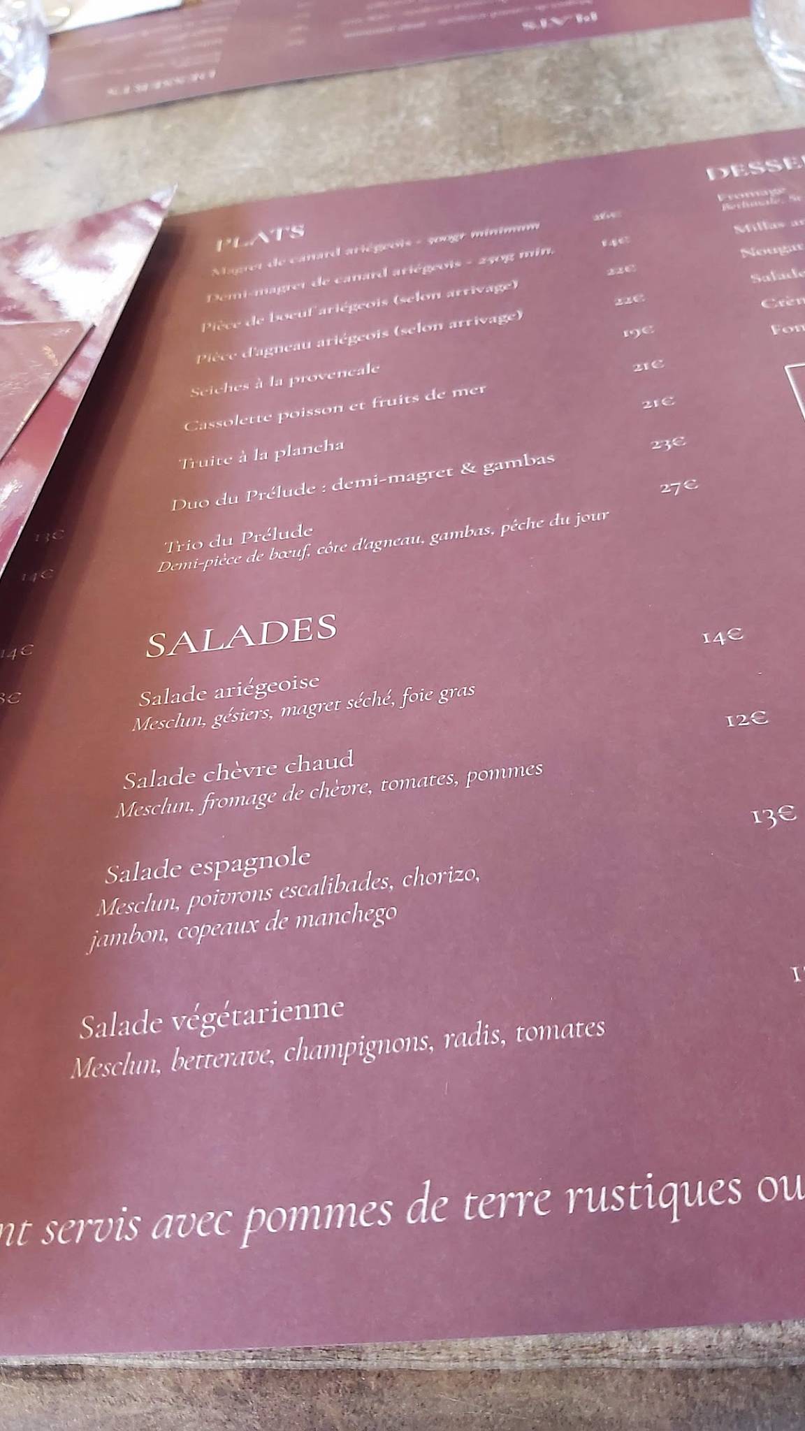 Menu au Le Prélude pub et bar, Mirepoix