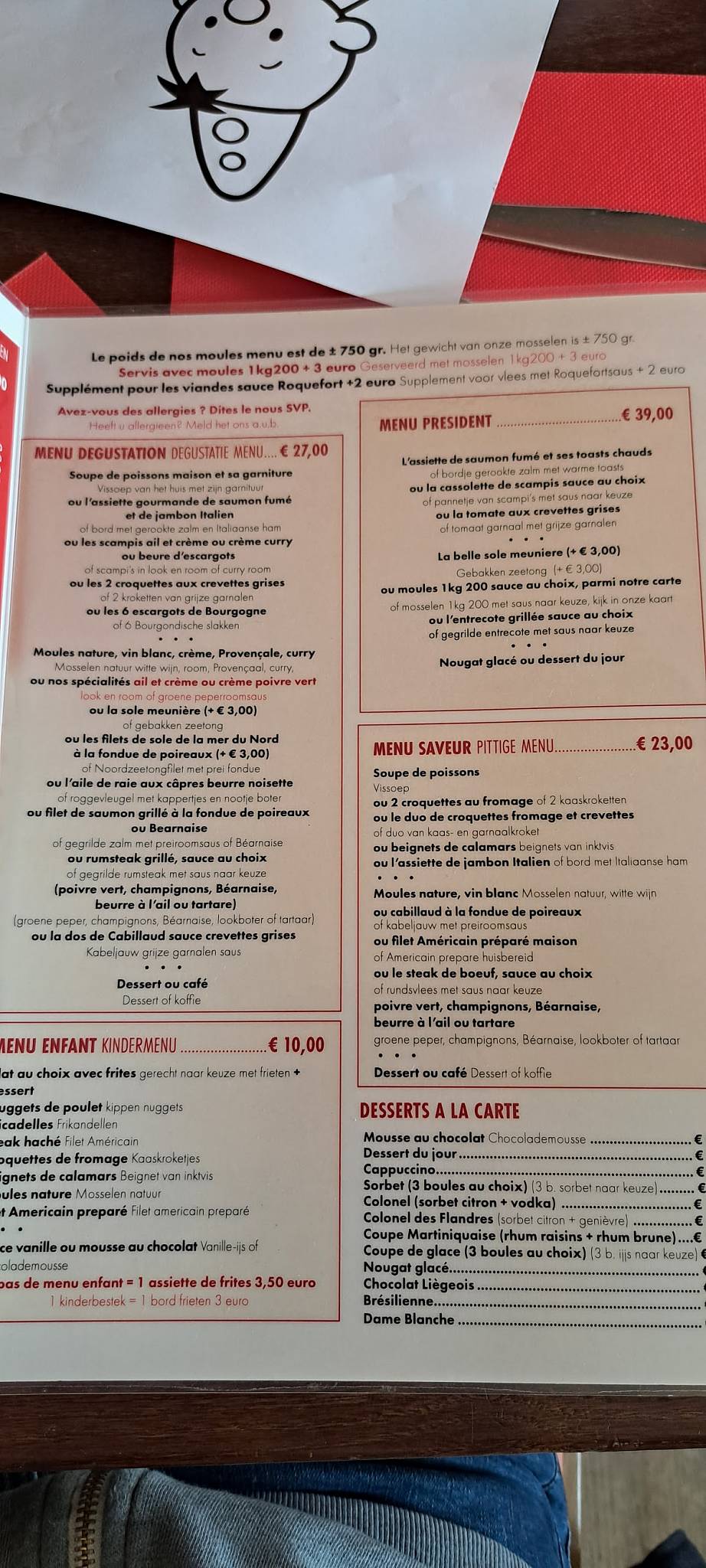 Menu au Le Président restaurant, La Panne