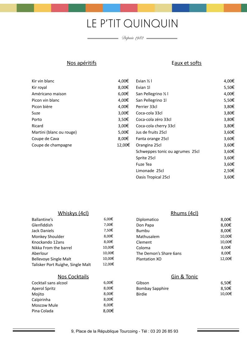 Menu au Le P'tit Quinquin café, Tourcoing