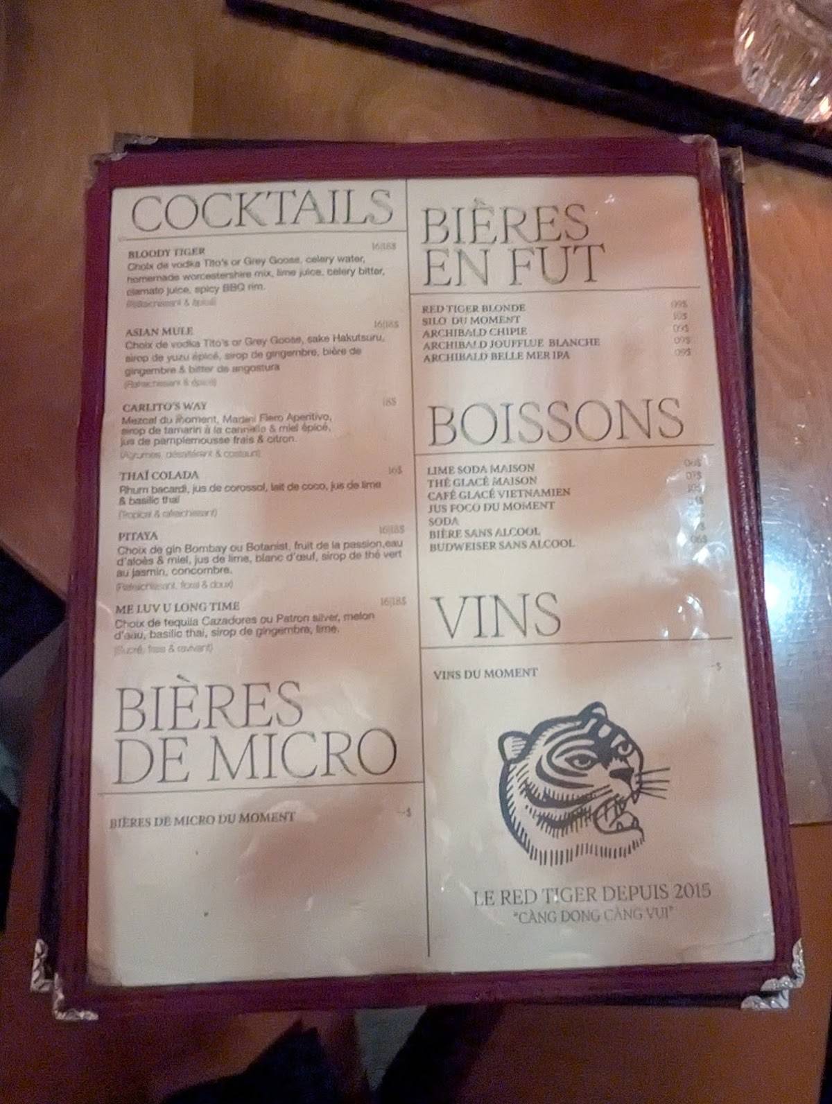 Menu au Le Red Tiger pub et bar, Montréal