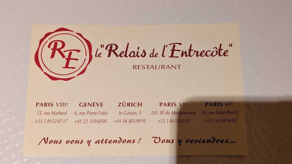 Menu at Le Relais de l'Entrecote Zürich, Zürich