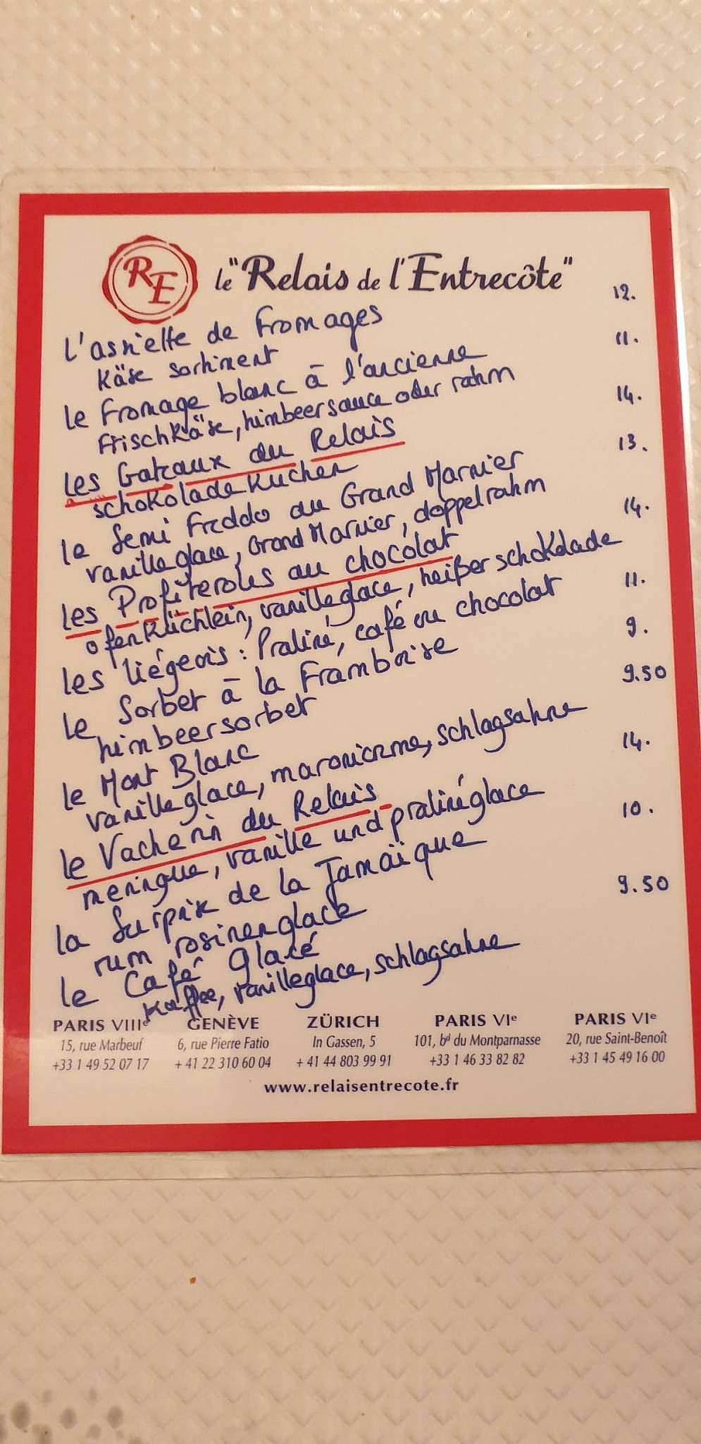 Speisekarte von Le Relais de l'Entrecote Zürich, Zürich
