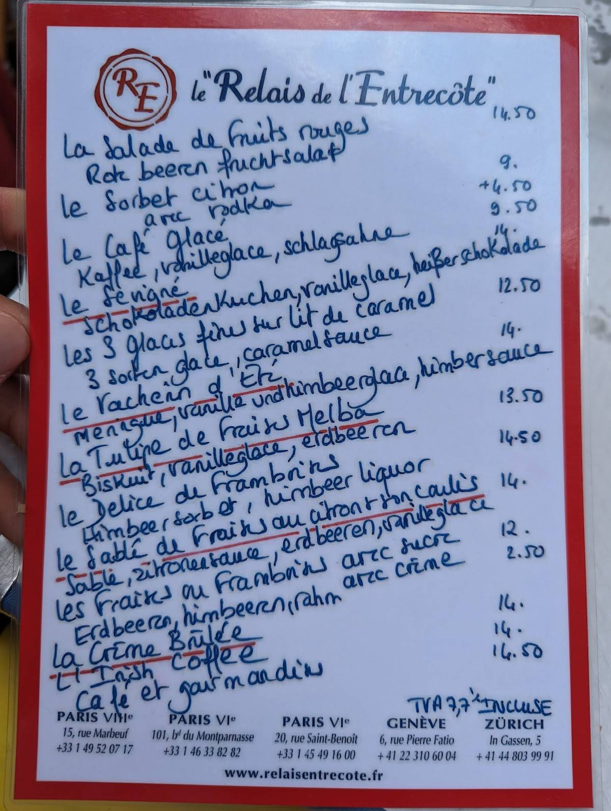 Speisekarte von Le Relais de l'Entrecote Zürich, Zürich